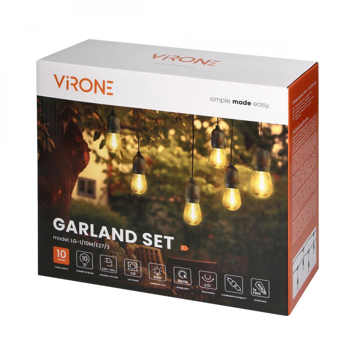 LED Декоративна верига 10 м (10 фасунги) + 10 LED крушки 1W E27, 3000K ...